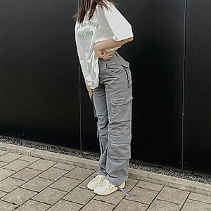Viatabuna High Waisted Cargo Pants for Women Baggy Y2k Straight Wide Leg Pants with Pockets Streetwear A-Grey