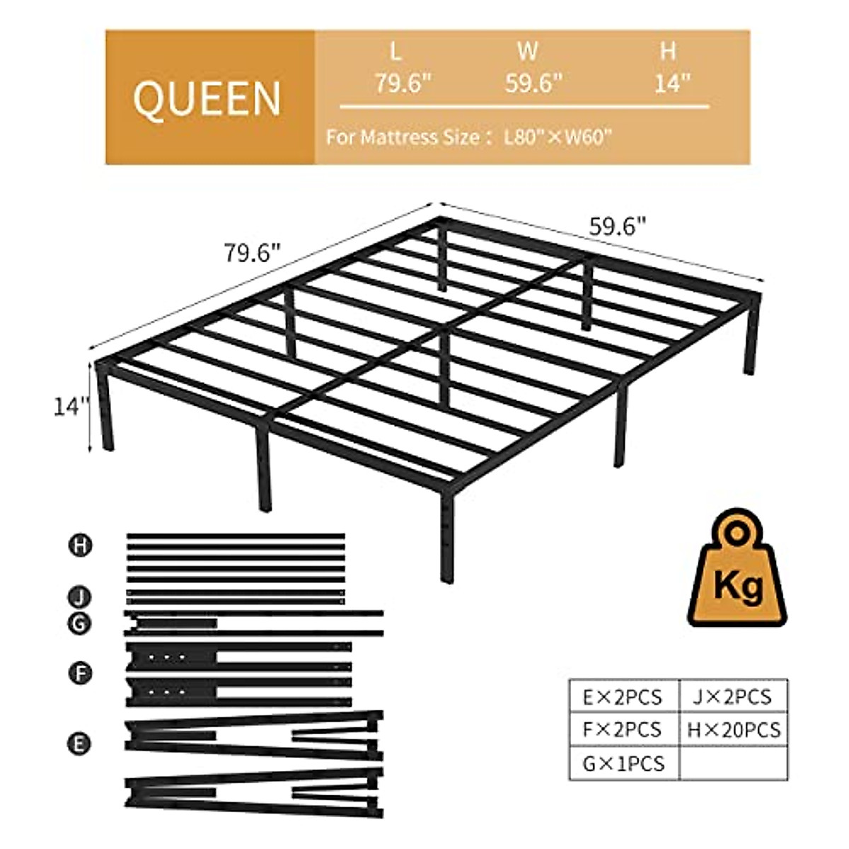 NEW JETO Metal Bed Frame-Simple and Atmospheric Platform, Storage Space Under The Heavy Duty Frame Bed, Durable Queen Size Suitable for Bedroom