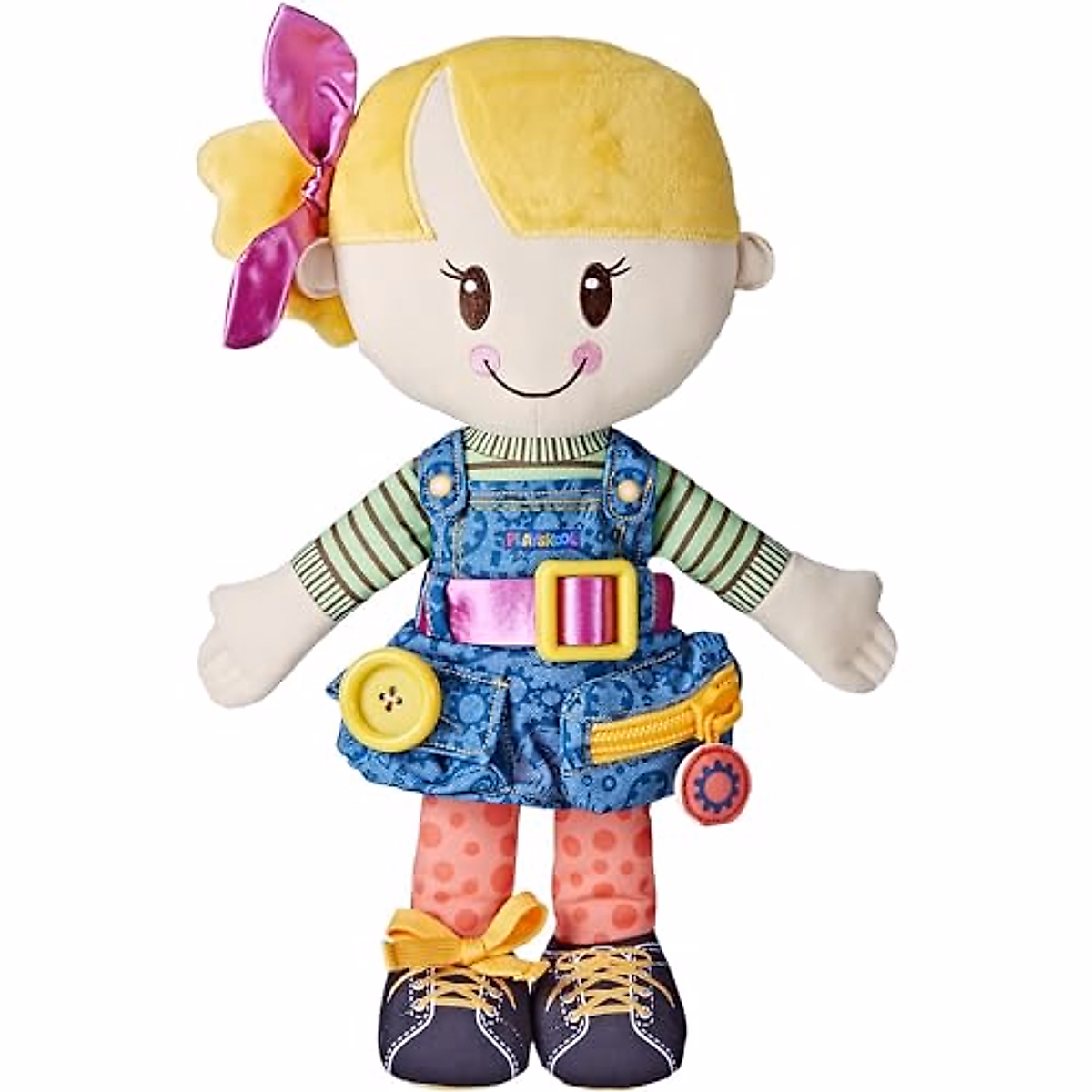 Playskool Dressy Kids Doll with Blonde Hair and Bow, Activity Plush Toy with Zipper, Shoelace, Button, for Ages 2 and Up (Amazon Exclusive)