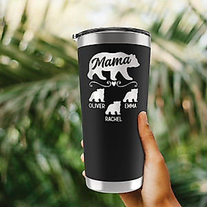 Personalized Mama Bear Tumbler, 20 or 30 oz. - 13 Colors - Names up to 5 Cubs, Custom Mom Tumbler for Mom from Daughter or Son