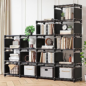 REIBII Bookshelf for Bedroom Book Shelf Organizer Bookcase Tall Book Case 15 Cube Storage Organizer Cube Shelf Black Cubby Storage Organizer Shelves for Bedroom Living Room Closet Office DIY