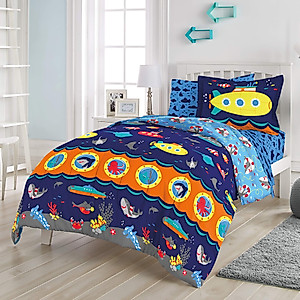 dream FACTORY Kids 5-Piece Complete Set Easy-Wash Super Soft Microfiber Comforter Bedding, Twin, Navy Submarine