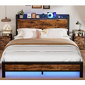 Furnulem Bed Frame Queen Size with Light,Industrial Storage Headboard with Power Outlet and USB Port,Wood Platform Queen Bed with Strong Metal Support,No Box Spring Needed,Silent