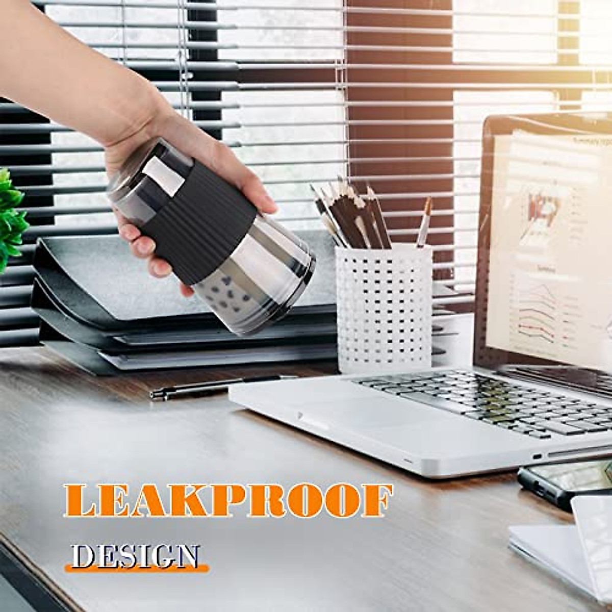 Glass Tumbler with Lid and Straw, Leakproof Glass Cups with Lids and Straws, 3-Way to Drink Drinking Glasses, Iced Coffee Cup Silicone Sleeve Smoothie Cup, Boba Cup for Travel Office Picnic (black)