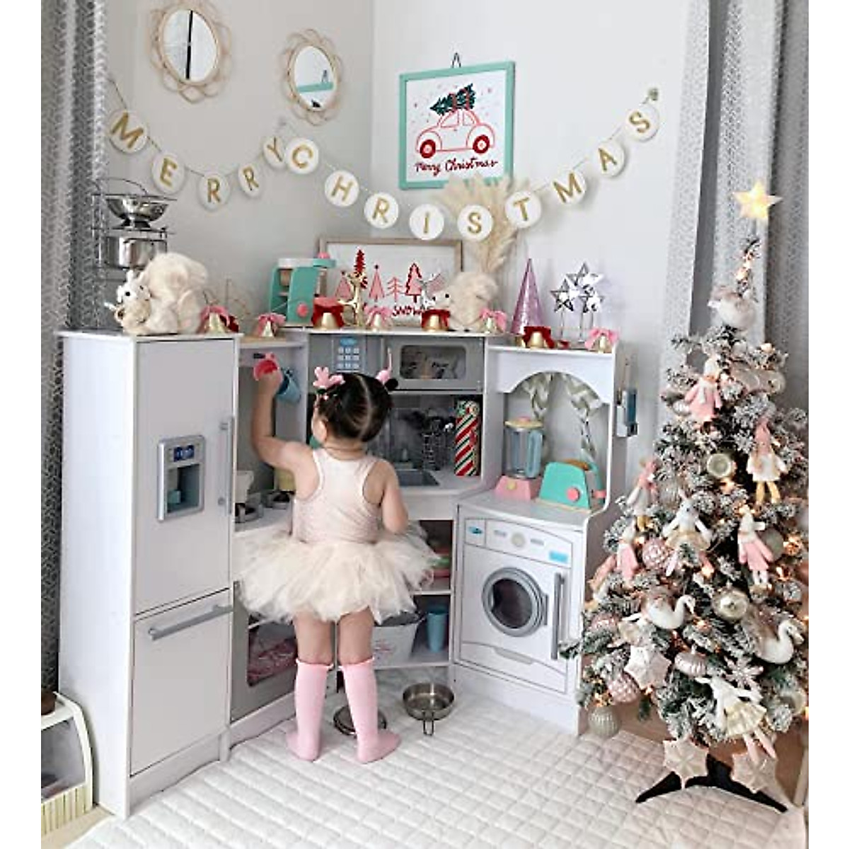 KidKraft Ultimate Corner Wooden Play Kitchen with Lights & Sounds, Play Phone and Curtains, White