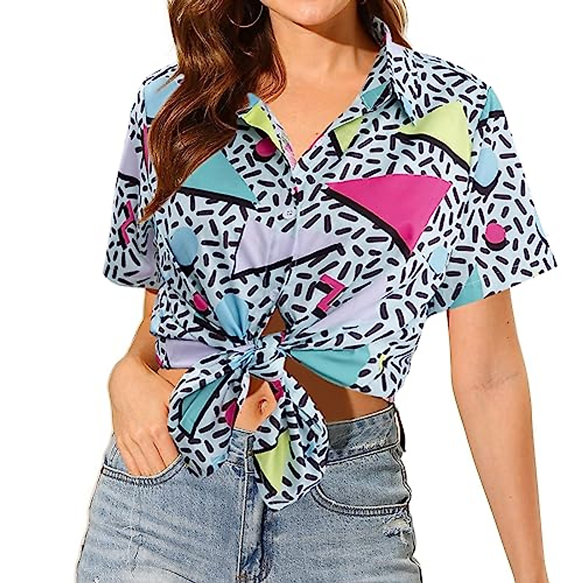 80s 90s Outfit for Women 80s 90s Retro Party Disco Shirt Hawaiian Button Down Shirt Short Sleeve Button Up Blouse Tops Light Green