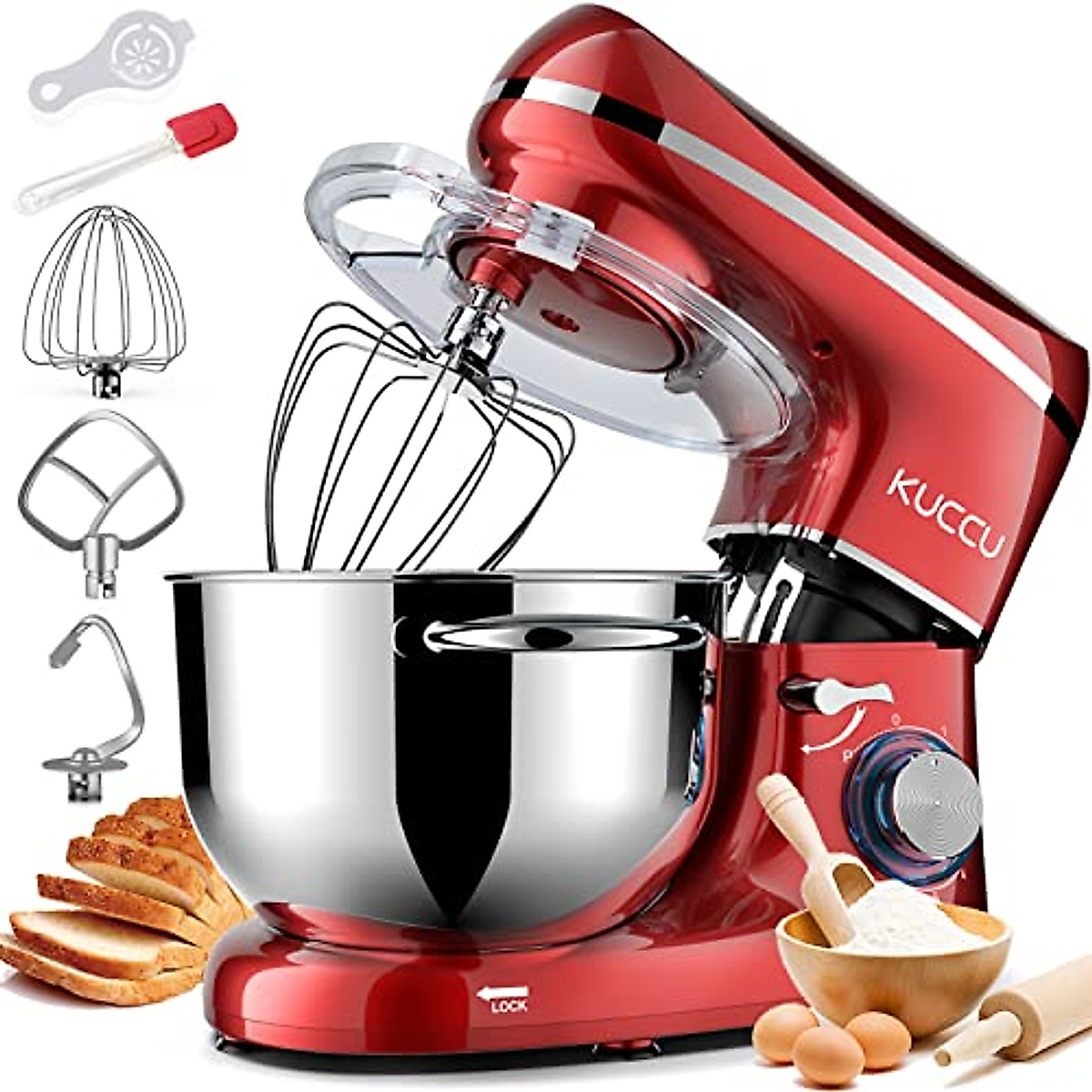 KUCCU Stand Mixer, 6.5 Qt 660W, 6-Speed Tilt-Head Food Dough Mixer, Kitchen Electric Mixer with Stainless Steel Bowl,Dough Hook,Whisk, Beater, Egg white separator (6.5-QT, Red)