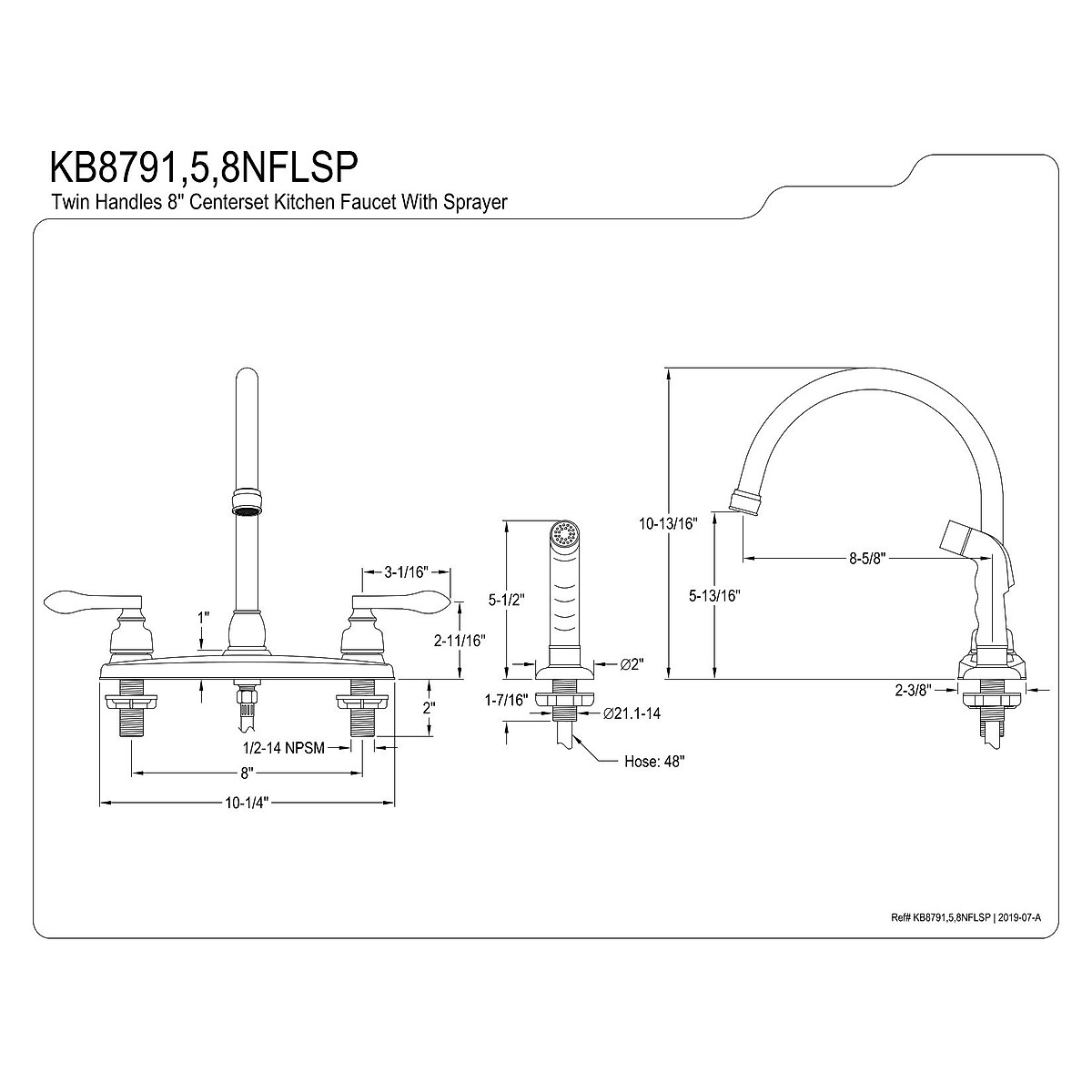 Kingston Brass KB8798NFLSP Nuwave French 8" C Type Kitchen Faucet with Sprayer, Brushed Nickel