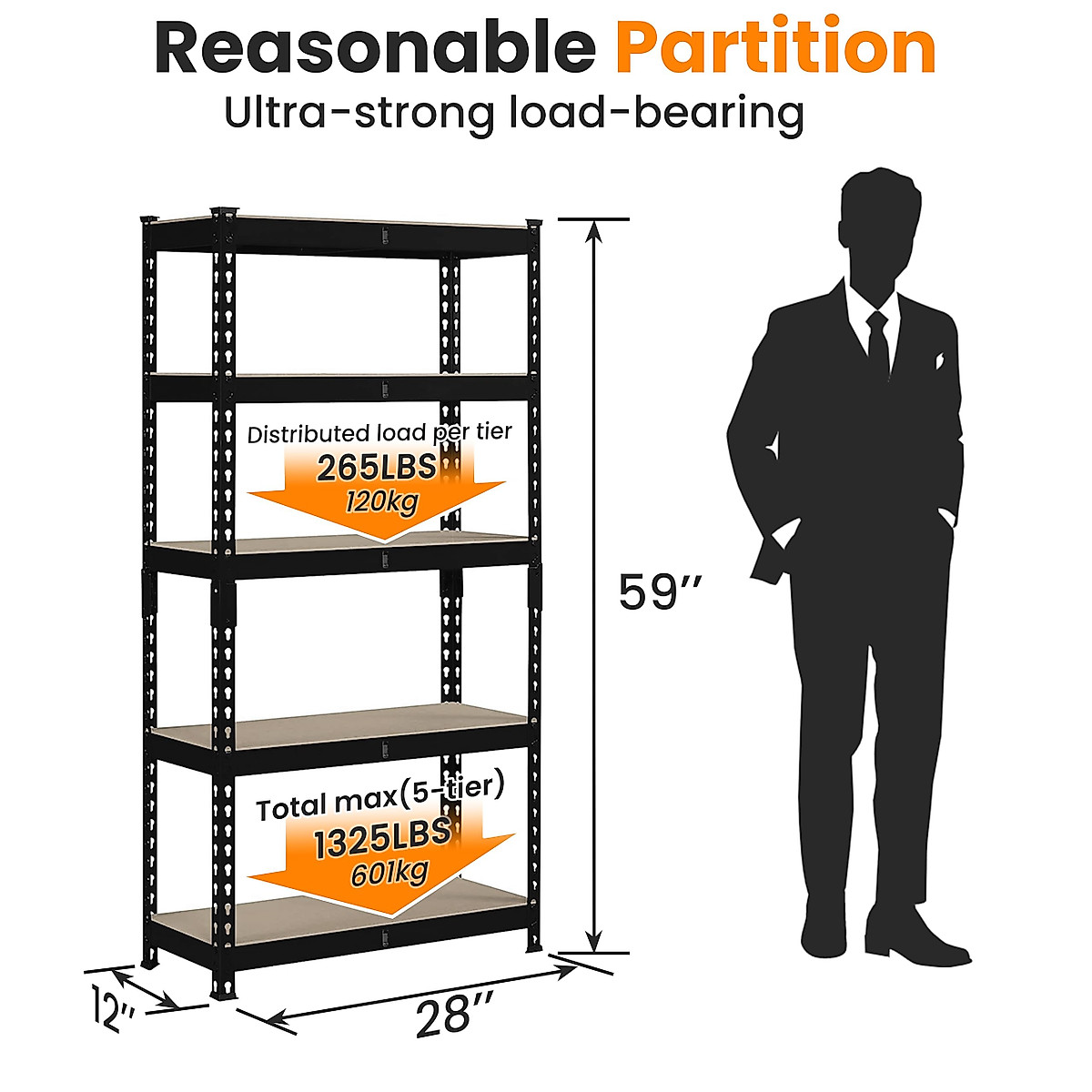 STRENGLEE 5-Tier Storage Rack Metal Shelving, Durable MDF, Adjustable, Heavy Duty, Garage & Warehouse Storage, 28x12x59 Inches, 265 lbs/Level