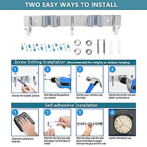 POPRUN Broom Mop Holder Wall Mount Stainless Steel Garden Tool Hanger Garage Organizer Home Kitchen Laundry Storage, 2 Racks 3 Hooks, Grey