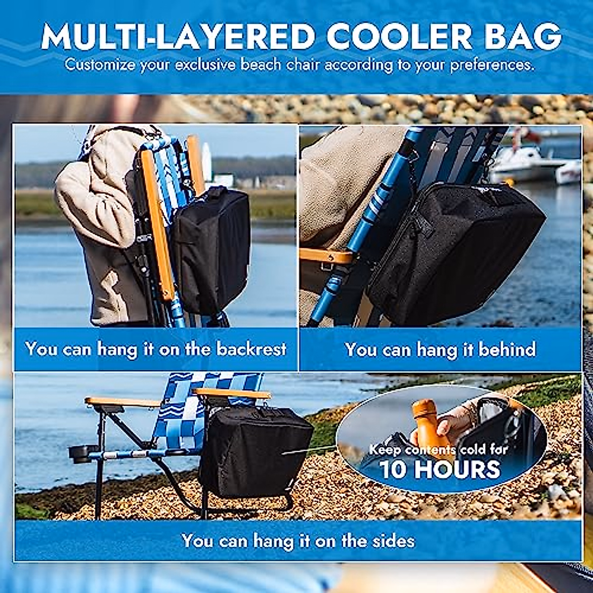 Dowinx Beach Chair with Cooler Bag, Folding Caming Chair with Backpack Straps, High Back 3 Position-Reclining Outdoor Chair Aluminum Frame(Blue)