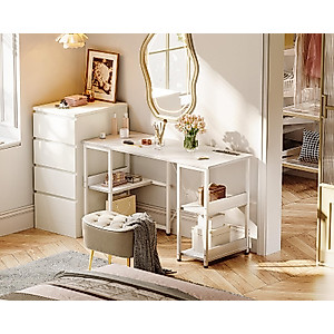 AODK 40 Inch Small Writing Desk with Power Outlets & USB Charging Port, Computer Desk for Small Spaces Home Office, Student Laptop PC Desks with Storage Shelves, Kids Desk, White