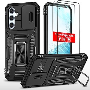 THMEIRA Phone Case for Samsung Galaxy S23 FE, Military Grade Samsung Galaxy S23 FE Case with Screen Protector [2 Pack] with Slide Camera Cover, Built-in Magnetic Ring Kickstand, Black
