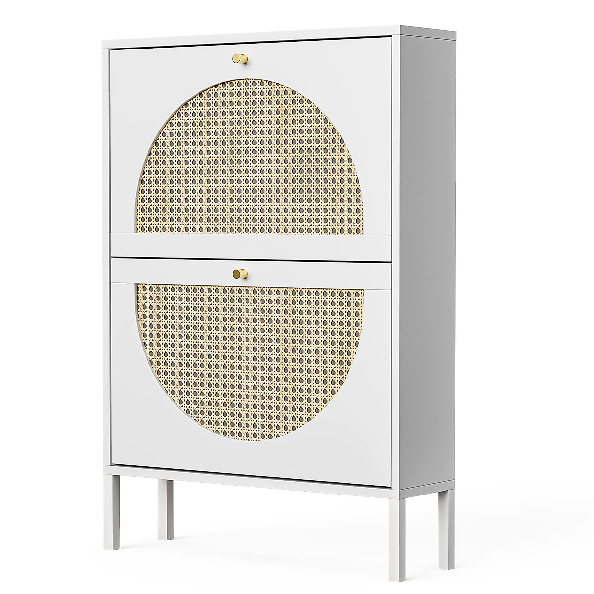 IKIFLY White Rattan Shoe Cabinet with 2 Flip Drawers, Narrow Free Standing Shoe Racks with Metal Legs, Shoe Storage Cabinet for Entryway, Living Room, Apartment