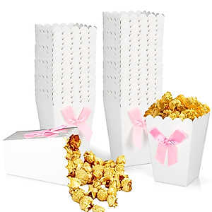 JarThenaAMCS 36Pcs Mini Popcorn Boxes White Popcorn Buckets with Pink Bow Paper Candy Favor Boxes Popcorn Treat Boxes for Movie Night Party Supplies, 4.2 x 3 x 2.2 Inch