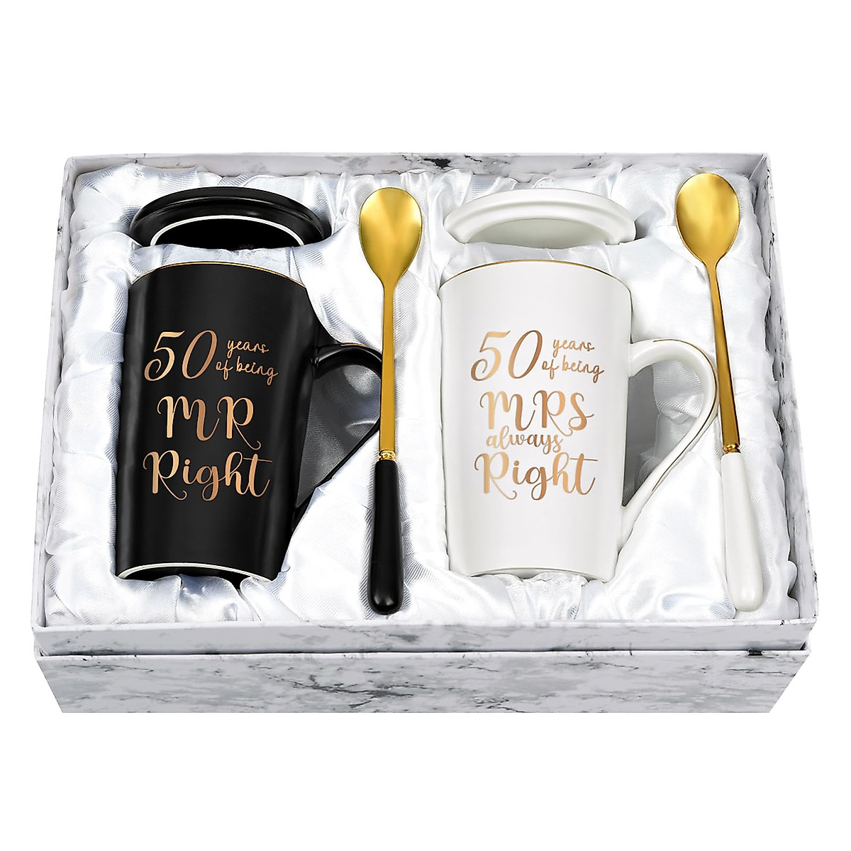 YHRJWN - 50th Wedding Gifts, 50 Years of Being Mr & Mrs Always Right Mug Set, Wedding Gifts Ideas for Parents Couple, 14 Oz with Lids and Gift Box