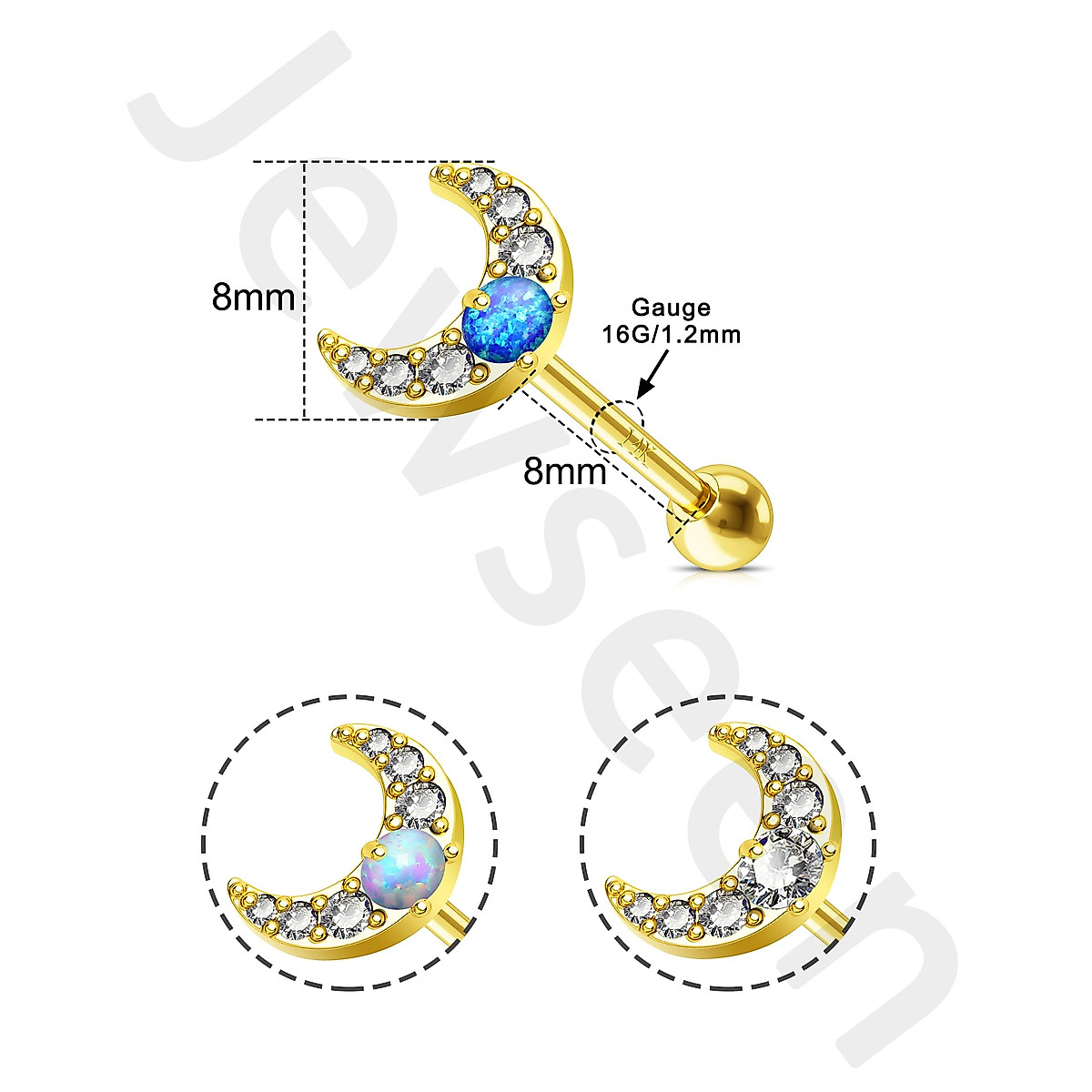 Jewseen 14K Gold Cartilage Earrings 16g Tragus Earring Moon Helix Rings Star Conch Piercing Lightning Cartilage Stud Body Jewelry