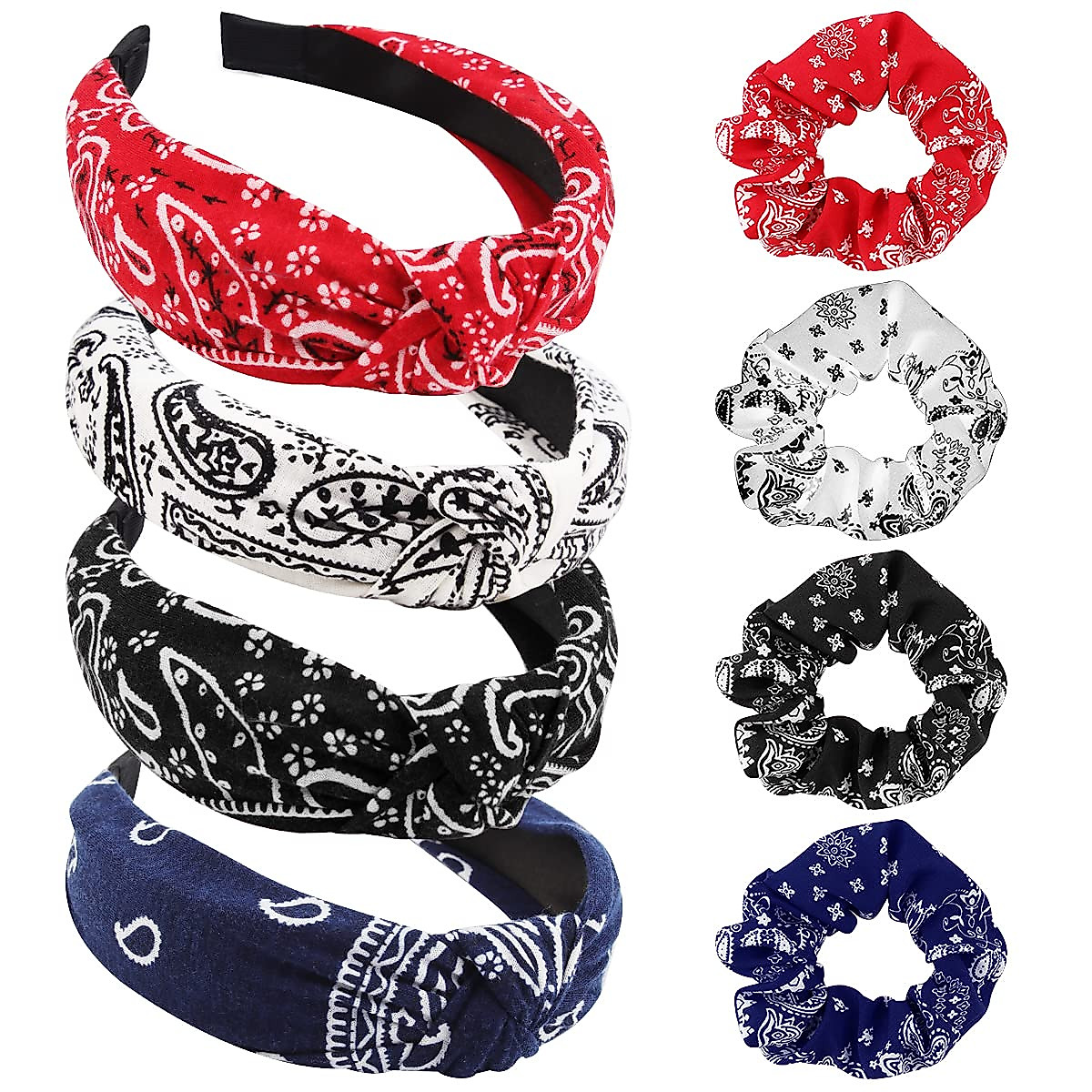 TOBATOBA 8 Pack Vintage Boho Paisley Bandanas for Women - Wide Knotted Turban Headbands with Elastic Top Knot, No Slip (4set black red blue white)