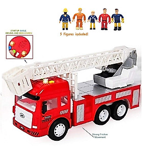 FUNERICA Fire Truck Toy with Flashing Lights, 4 Siren Sounds, Extending Rescue Ladder, Friction Strong Powered Firetruck Engine, Best Firefighter Playset Birthday Gift for Toddlers, Kids, Boys, Girls