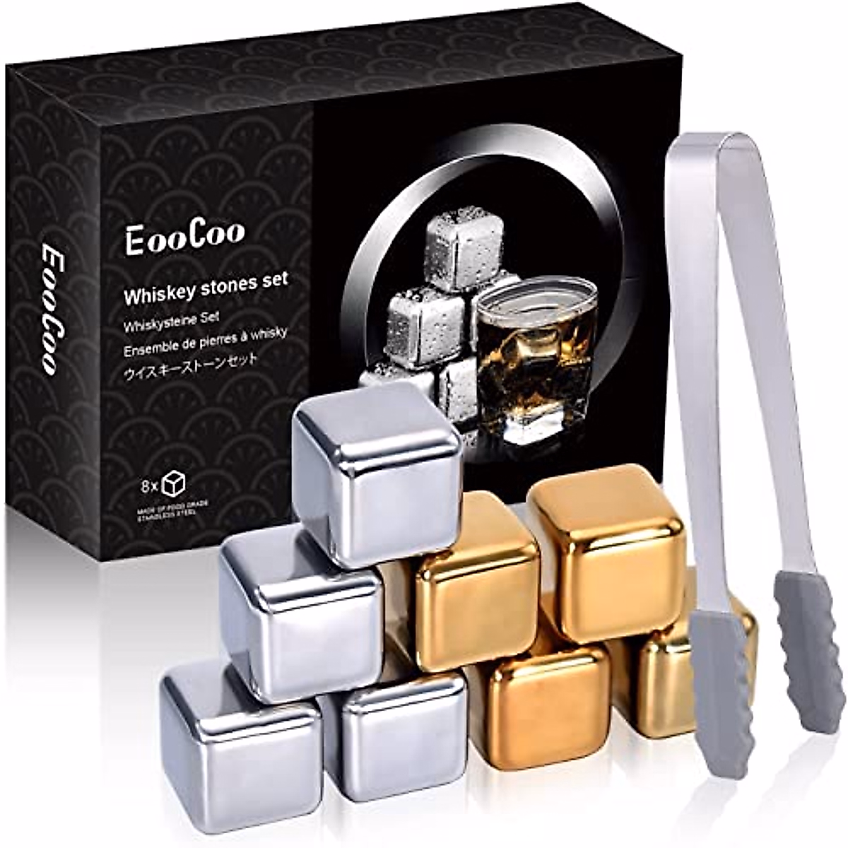 EooCoo Whiskey Stones Set, 4 Golden and 4 Silver Stainless Steel Chilling Ice Cubes Reusable for Whiskey Wine Beverage, Gift for Wedding Father's Day Anniversary Birthday Party Holiday