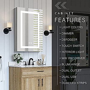 WELLFOR LED Lighted Medicine Cabinet with Defog Mirror, Mirrored Cabinet with Adjustable Shelves, Outlets & USB Ports, Recessed or Surface Bathroom Storage Cabinet, Single Left Opening Door, 20" X 30"