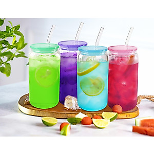 Joyclub 4 Pack Acrylic Lids for 16 oz /20 oz Glass Cups with Bamboo Lids and Straws Reusable Iced Coffee Cup Beer Can Drinking Glasses for Smoothie Whiskey Boba Soda Tea Gift (Candy Color)
