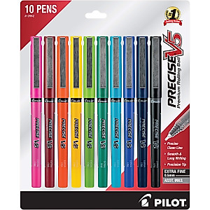 PILOT Precise V5 Stick Liquid Ink Rolling Ball Stick Pens, Extra Fine Point Assorted Ink Colors, 0.5mm (Pack of 10)