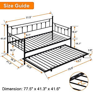 Haplized Twin Size Metal Daybed with Pull Out Trundle, Modern 2 in 1 Sofa Bed Frame for Kids Teens Adults,Single Daybed Sofa Bed Frame for Bedroom Living Room Guest Room,No Box Spring Needed