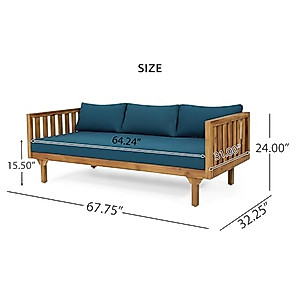 Merax Outdoor 3 Seater Daybed, Acacia Wood Day Bed Couch Sofa with Cushions for Patio Backyard, Garden, Blue