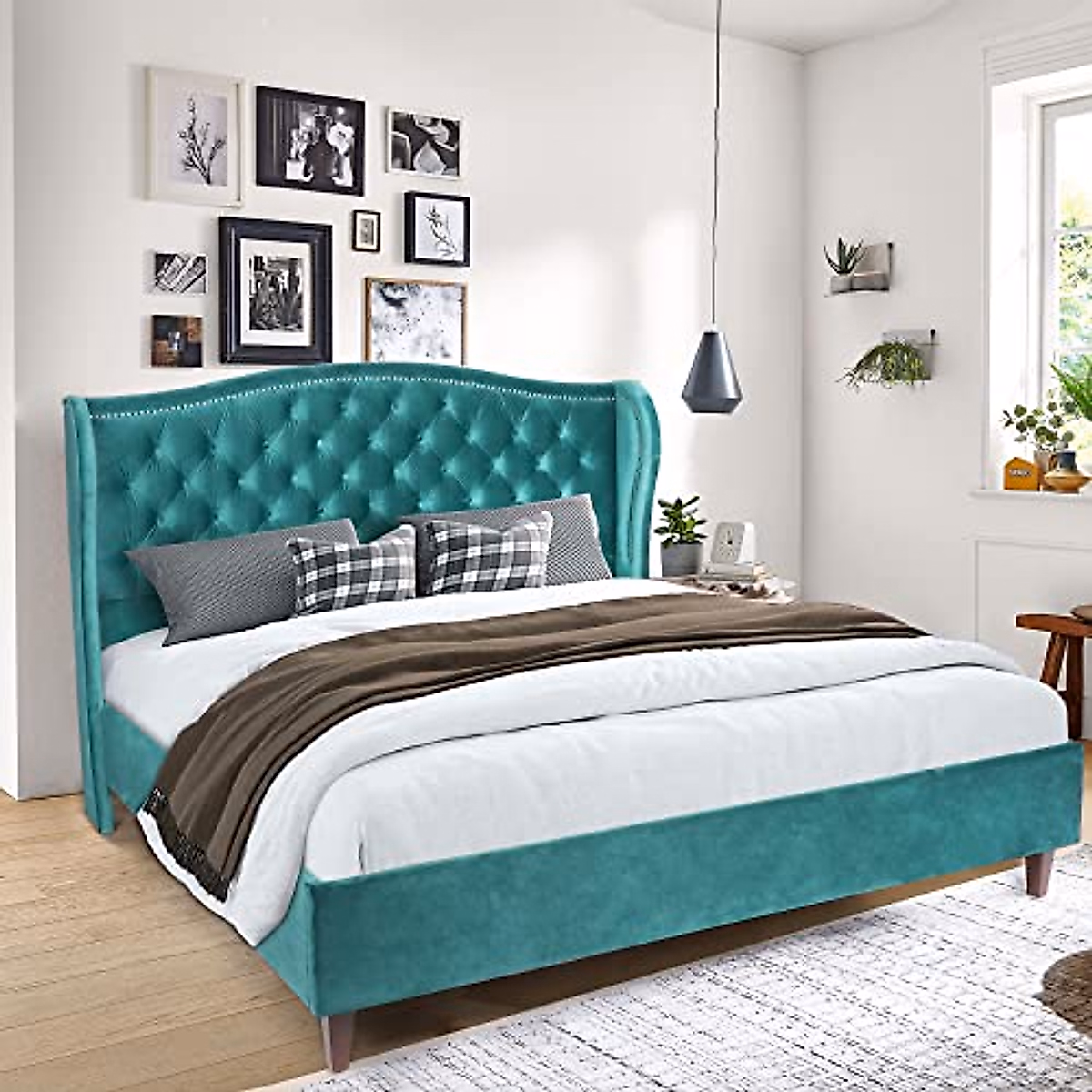 QHITTY Queen Size Bed Frame, Modern Velvet Button Tufted Upholstered Platform Bed with Nailhead Trim Headboard, Wood Slat Support, Easy Assembly, No Box Spring Needed
