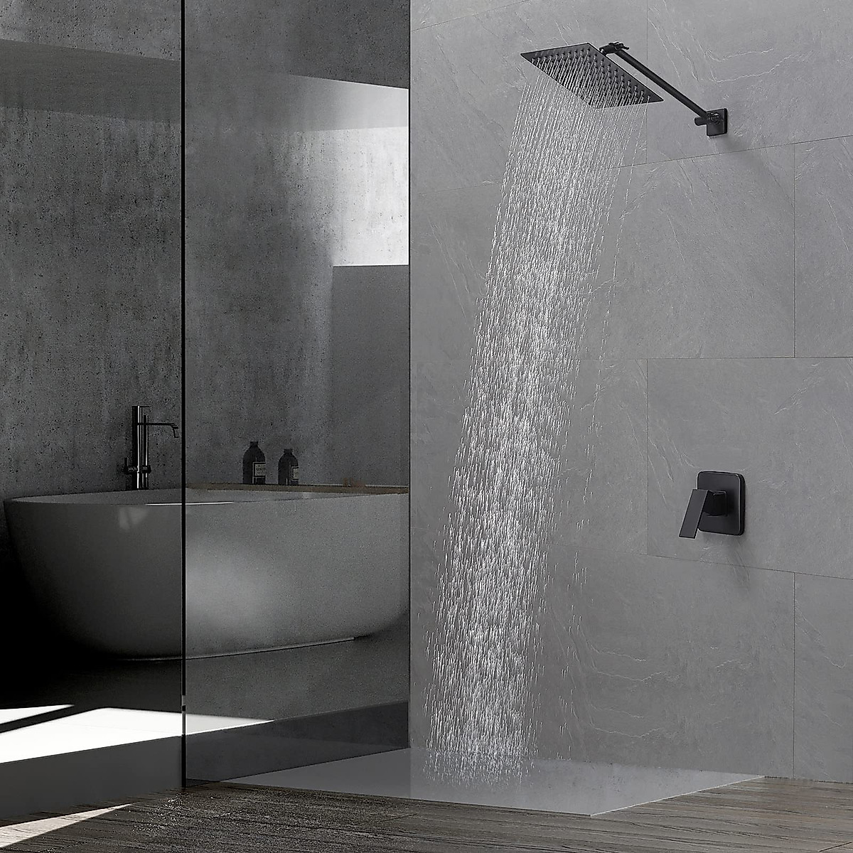 Hoimpro Adjustable Extension Shower Arm Shower System with 8 Inch Rain Shower Head Wall Mounted Shower Kit, Bathroom Rainfall Shower Faucet Fixture Combo Set with Rough-in Valve Body, Matte Black