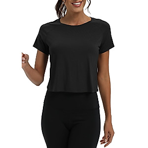 Mippo Short Sleeve Workout Tops Athletic Shirts Gym Clothes Exercise Tees Sports Running Active Wear Cute Work Out Crop Top TShirts for Women Loose Fit Black L