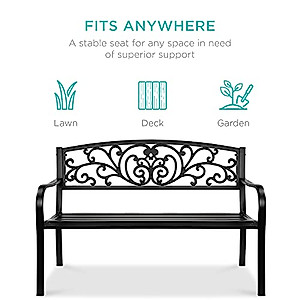 Best Choice Products Outdoor Bench Steel Garden Patio Porch Furniture for Lawn, Park, Deck w/Floral Design Backrest, Slatted Seat - Black
