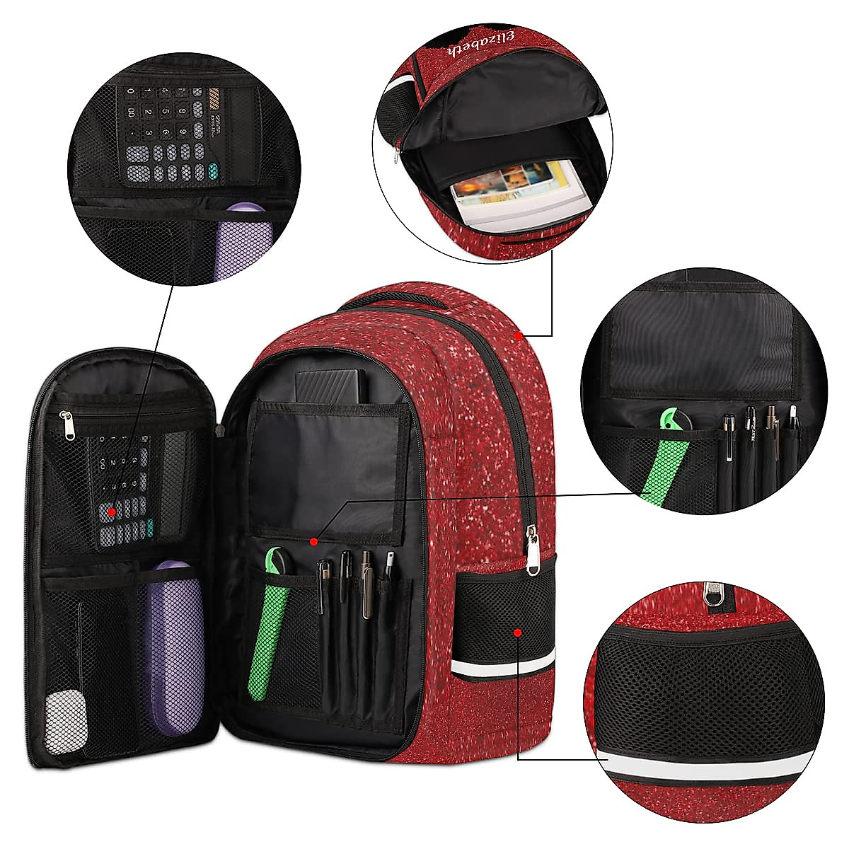 RIRIX Personalized Kids Backpack Custom Backpack Schoolbag Children Bookbag for Boys & Girls Red Glitter Princess