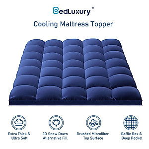 BedLuxury Full XL Mattress Topper Extra Thick Cooling Mattress Cover Pad for Back Pain Quilted Pillow Top Protector Plush Soft with 8-21 Inch Deep Pocket - Navy Blue