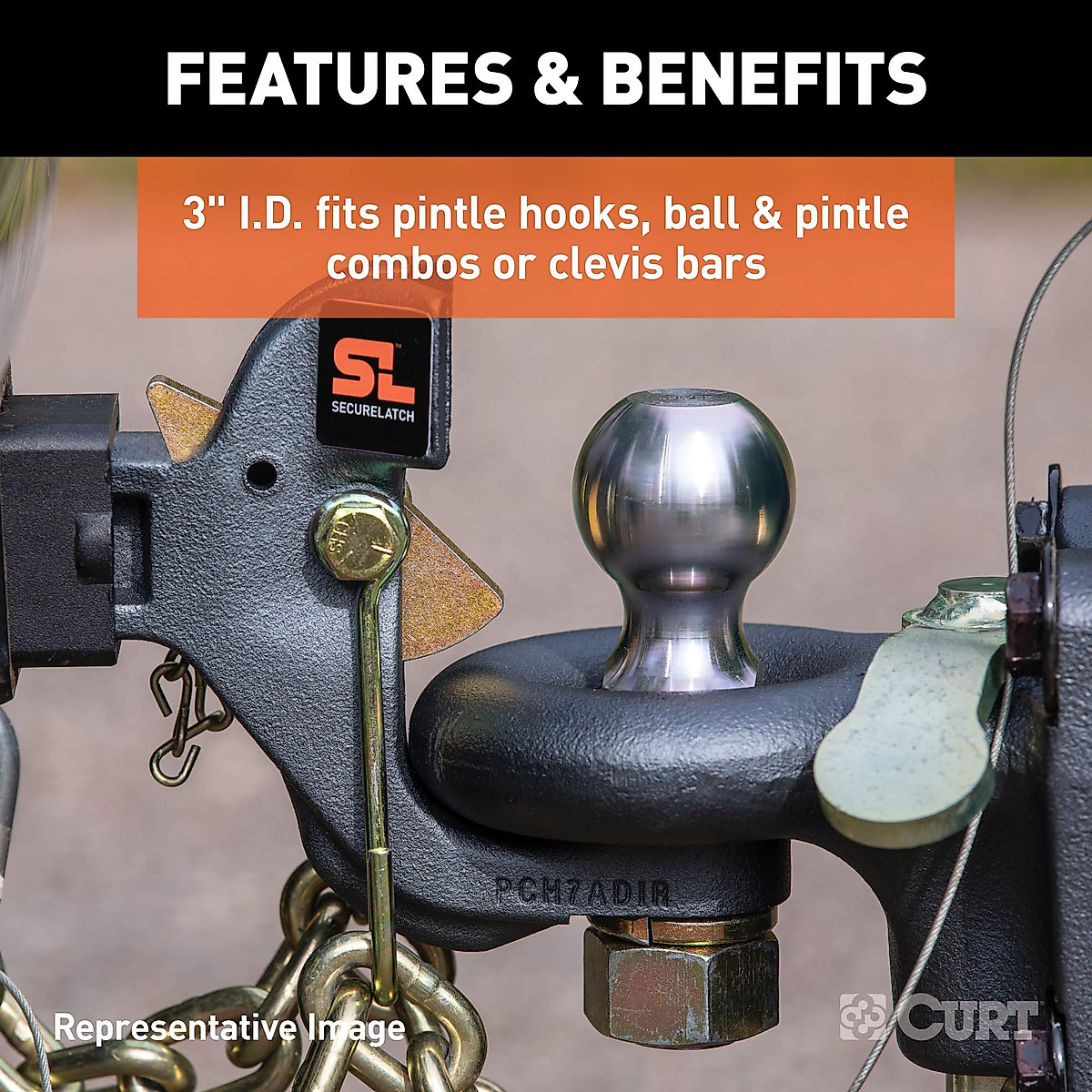 CURT 48625 SecureLatch Channel-Style Lunette Ring, 25,000 Pounds, 3-Inch ID