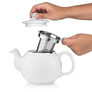 SAKI Large Porcelain Teapot, 48 Ounce Tea Pot with Infuser, Loose Leaf and Blooming Tea Pot - White