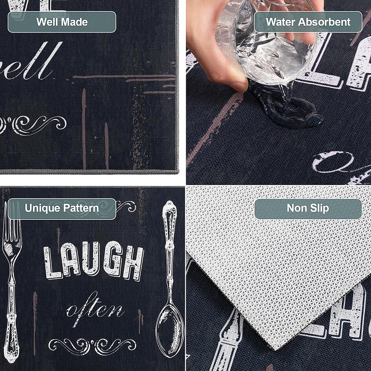 Carvapet 2 Pieces Kitchen Rug Set Non-Slip Backing Mat Throw Rug for Kitchen Doormat Runner Rug Set, Motto Design, Blackish/Dark Grey (17"x48"+17"x24")