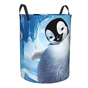 Cute Penguins Baby Taking Pictures Laundry Basket Protable Circular Laundry Hamper Storage Bin Organizer With Handles For Bathroom,Bedroom Clothes