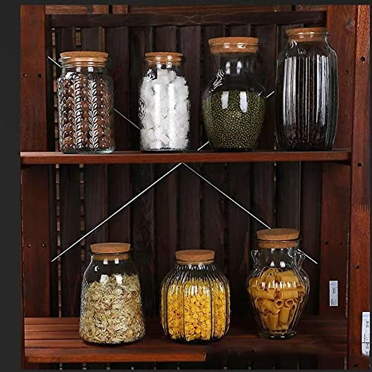 Piscepio Canister Glass Jars with Cork Lids Set of 3 in 38oz, 41oz & 56oz, Embossed wooden Stopper Glass Containers, Retro Design Decorative Kitchen Counter, Pantry Jars for Candy Cookie Food Storage