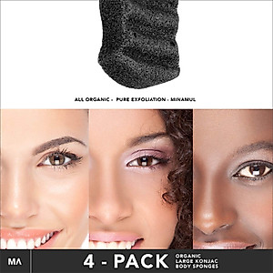 Minamul Konjac Exfoliating Organic Body Sponge | Gentle Daily Body face Scrub/Skincare | Infused with Best Bamboo Activated Charcoal | Safe for Oily, Dry, Combination or Sensitive Skin | 4 Pack Set