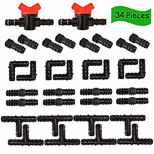 Drip Irrigation Fittings Kit, Irrigation Barbed Connectors for 1/2" Tubing 34 Piece - 2 Switch Valves, 8 Couplings, 8 Tees, 8 Elbows and 8 End Cap Plugs, Irrigation Water Hose Connector 1