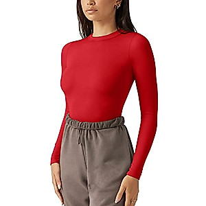 REORIA Women's Fall Fashion Crew Neck Double Lined Long Sleeve One Piece Fitted Tight T Shirts Leotards Bodysuits Tops For Going Ou Red Medium