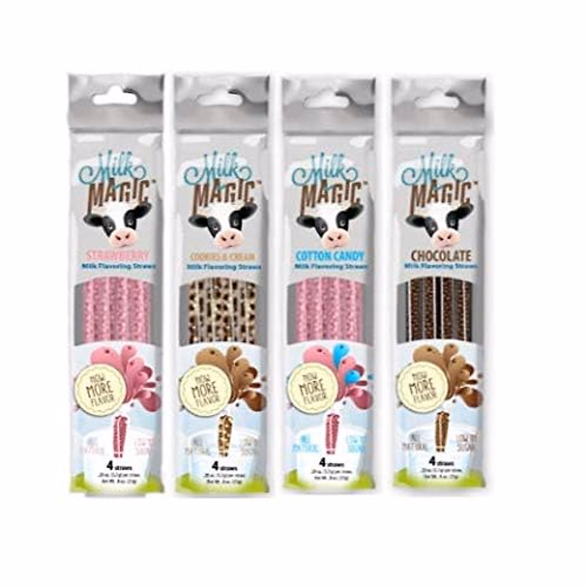 Milk Magic Milk Flavoring Straws, 4-Pack Bundle (16 count), Chocolate, Strawberry, Cotton Candy, Cookies & Cream Cereal Straws