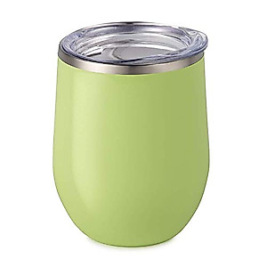 Maars Bev Stainless Steel Stemless Wine Glass Tumbler with Lid, Vacuum Insulated 12 oz Cup | Spill Proof, Travel Friendly, Fun Cocktail Drinkware - Matcha Green