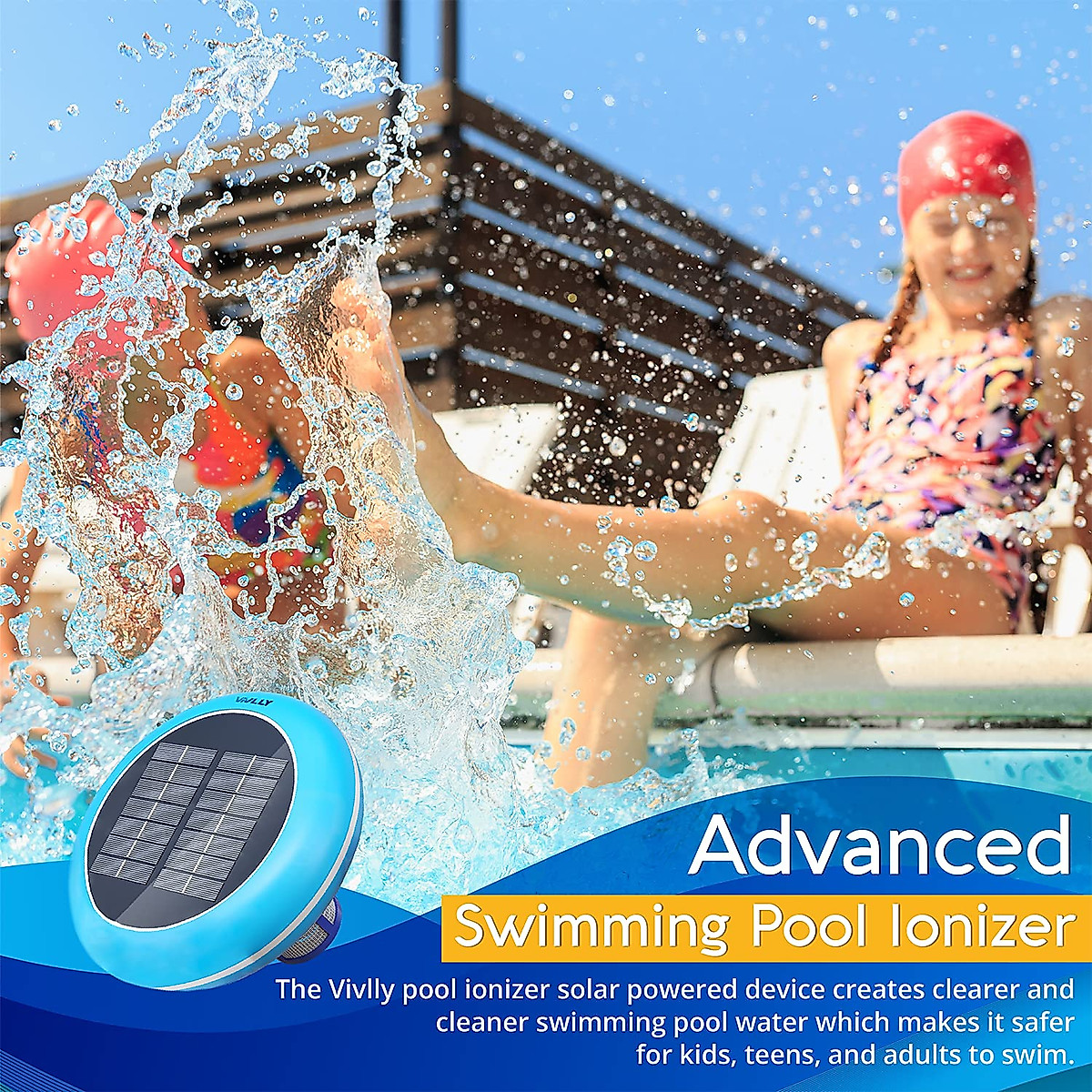 Vivlly Solar Pool Ionizer, Cleaner, and Purifier Restores Clear, Chlorine-Free Water, Long Lasting Anode for 35,000 Gallons, Natural Shock for Swimming Areas, Smart Replacement