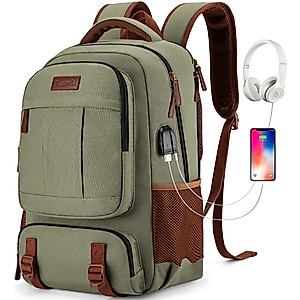 Tzowla Canvas Laptop Backpack, Bag for Men Women,Travel Work Rucksack Fits 17.3 Inch Laptop, Bookbag with USB Charging Port