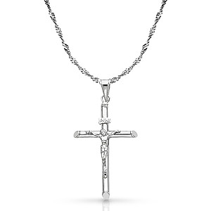 Ioka 14K White Gold Crucifix Cross Pendant with 1.2mm Singapore Chain Chain Necklace - 24"