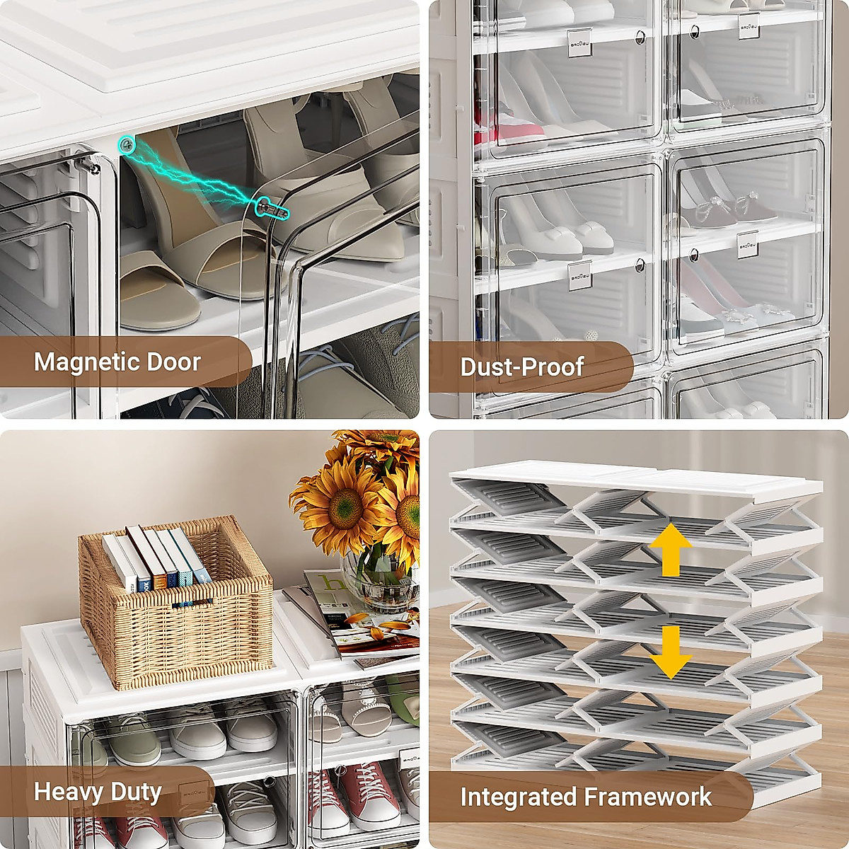 BROVIEW 10 Tiers 40 Pairs Heavy Duty Shoe Storage and Organizer, Hard Plastic Stackable Shoe Box, Shoe Cabinet storage for Entryway, Large Shoe Storage Bins, Shoe Rack with Magnetic Door Folding