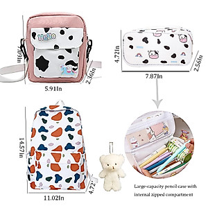 Cow Print Backpack for School, 6Pcs Set Student Preppy Kawaii Mini Backpack Shoulder Bag Pencil Box with Pin and Accessories (White)